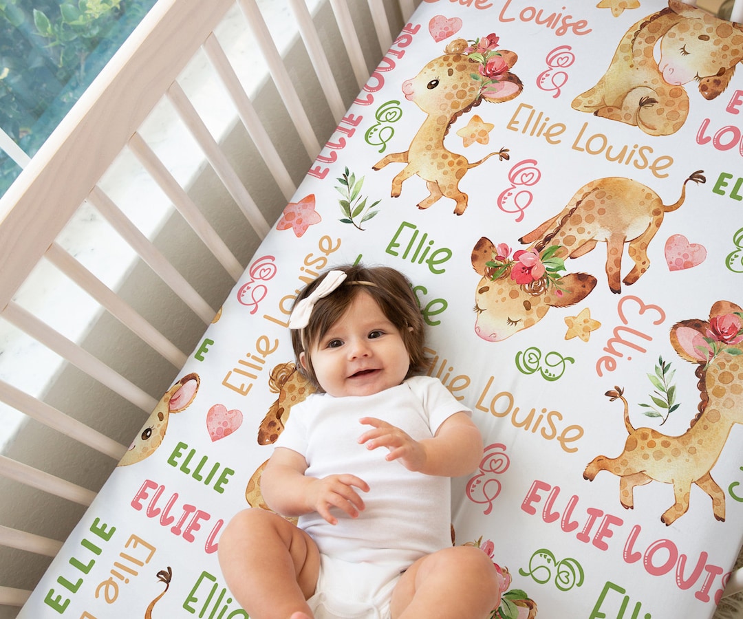 Personalized Baby Girl Crib Sheet, Giraffe Crib Sheet, Personalized ...