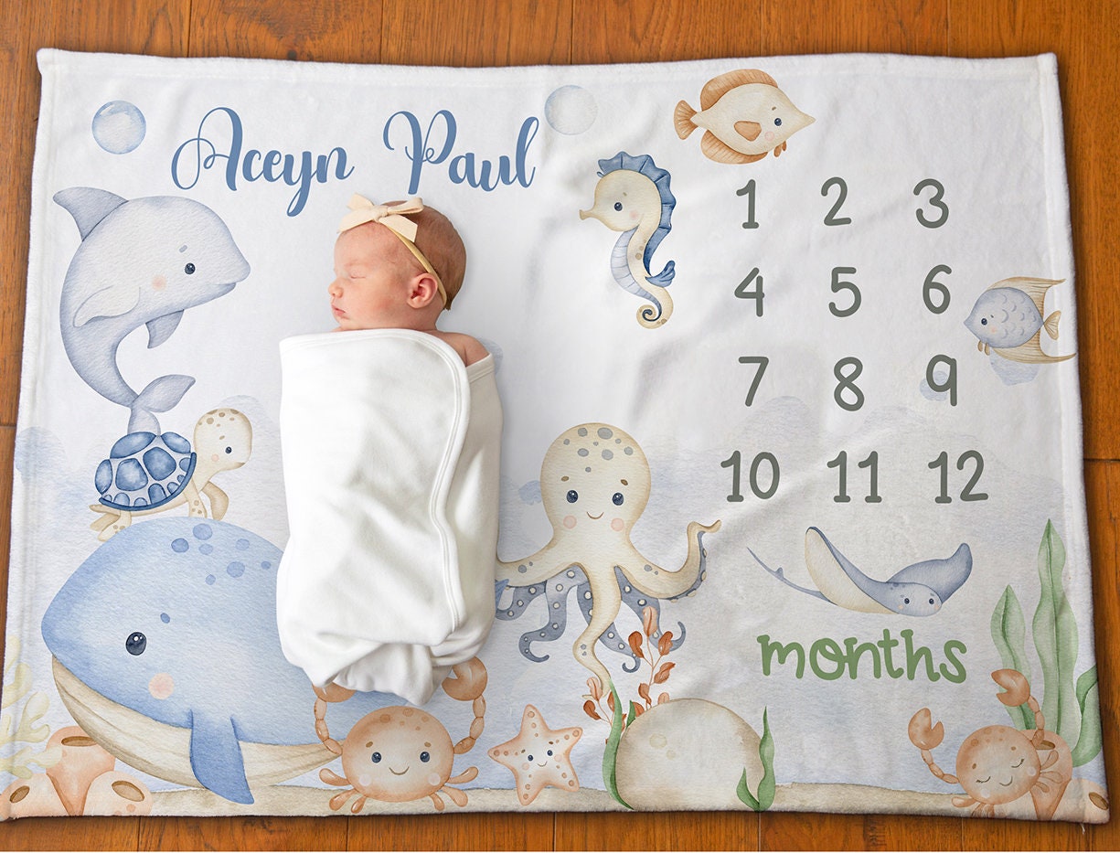 Personalized Baby Boy Under the Sea Milestone Blanket Ocean - Etsy