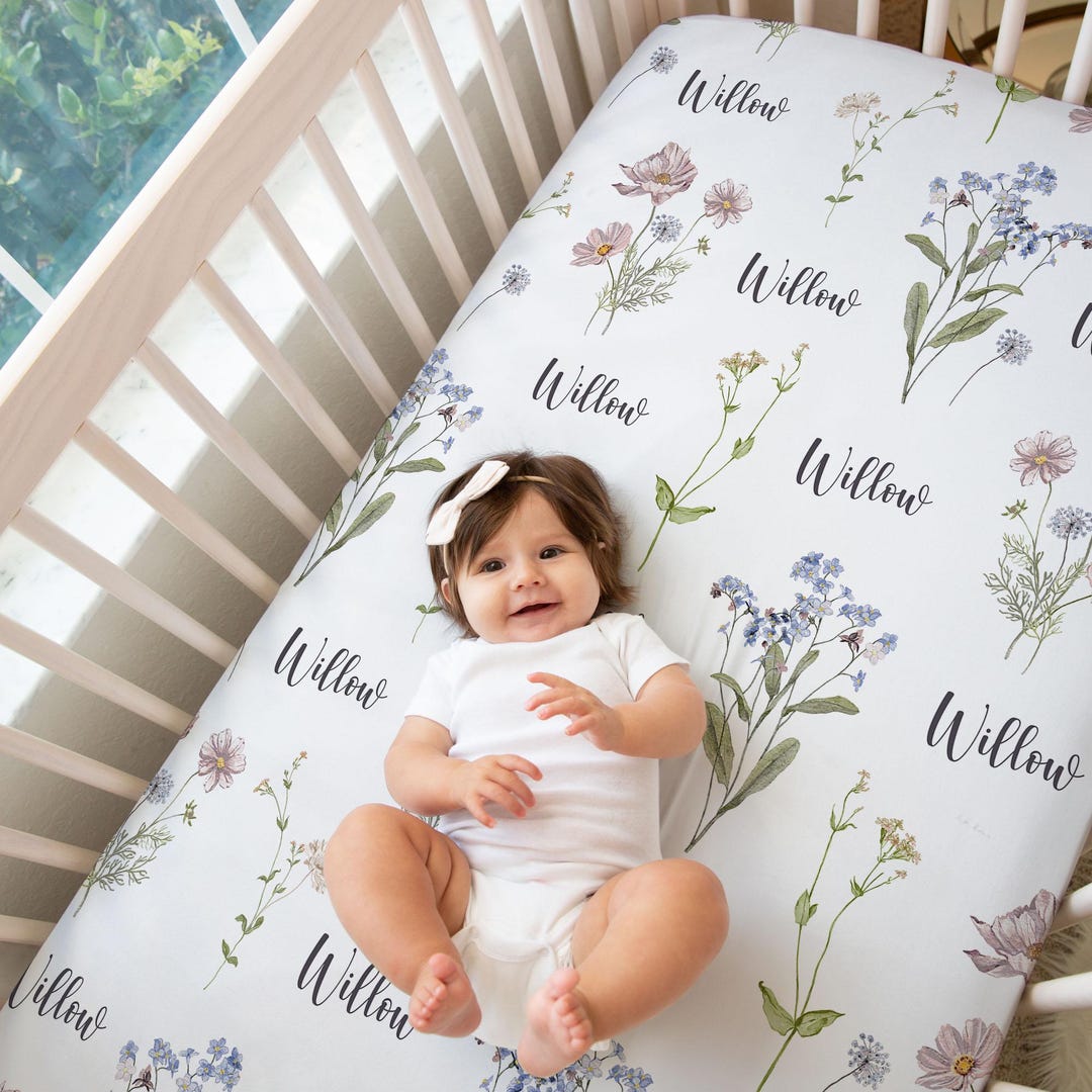 Wildflower Baby Girl Crib Sheet, Personalized Floral Fitted Crib Sheet ...