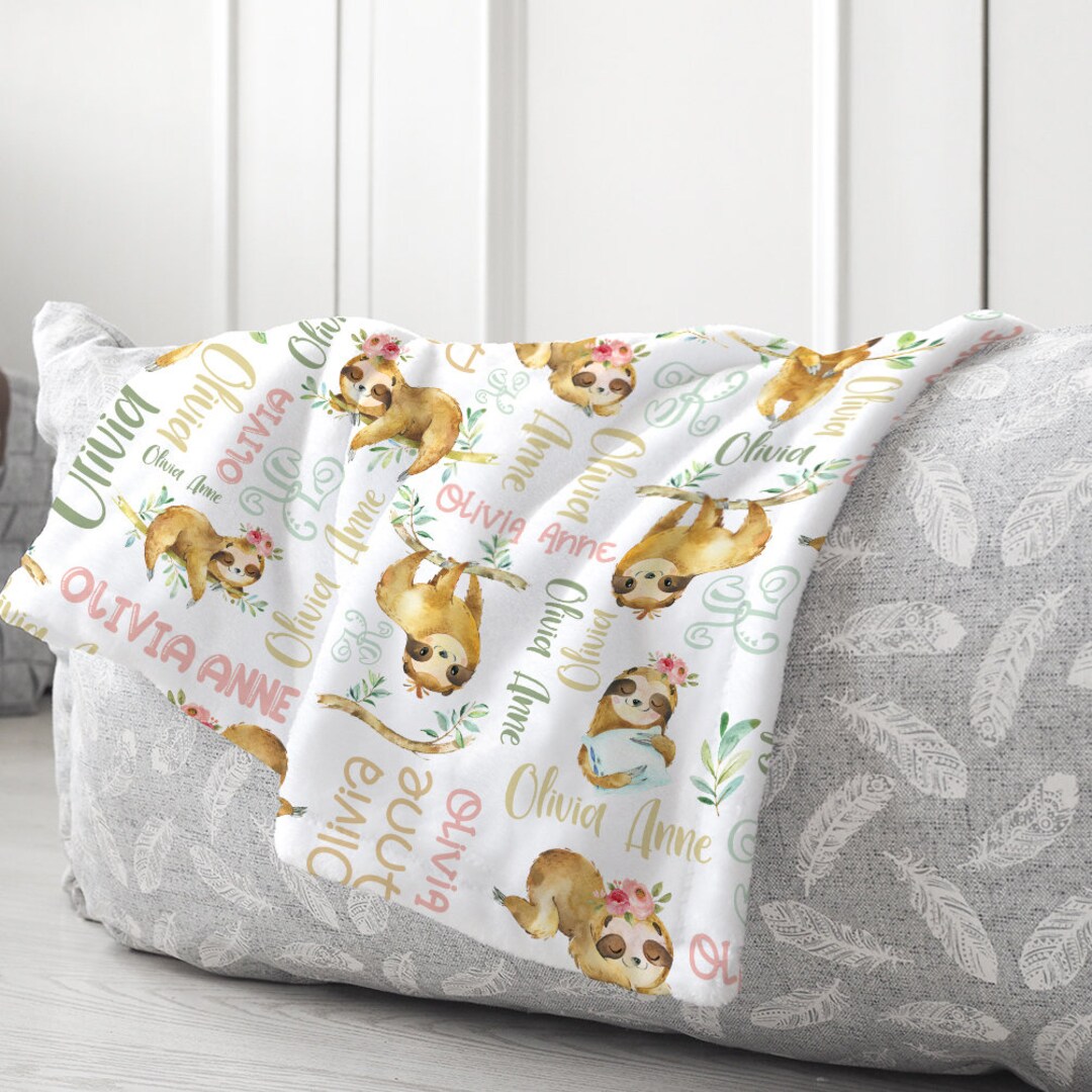Personalized Sloth Baby Blanket, Watercolor Floral, Minky or Sherpa - Etsy