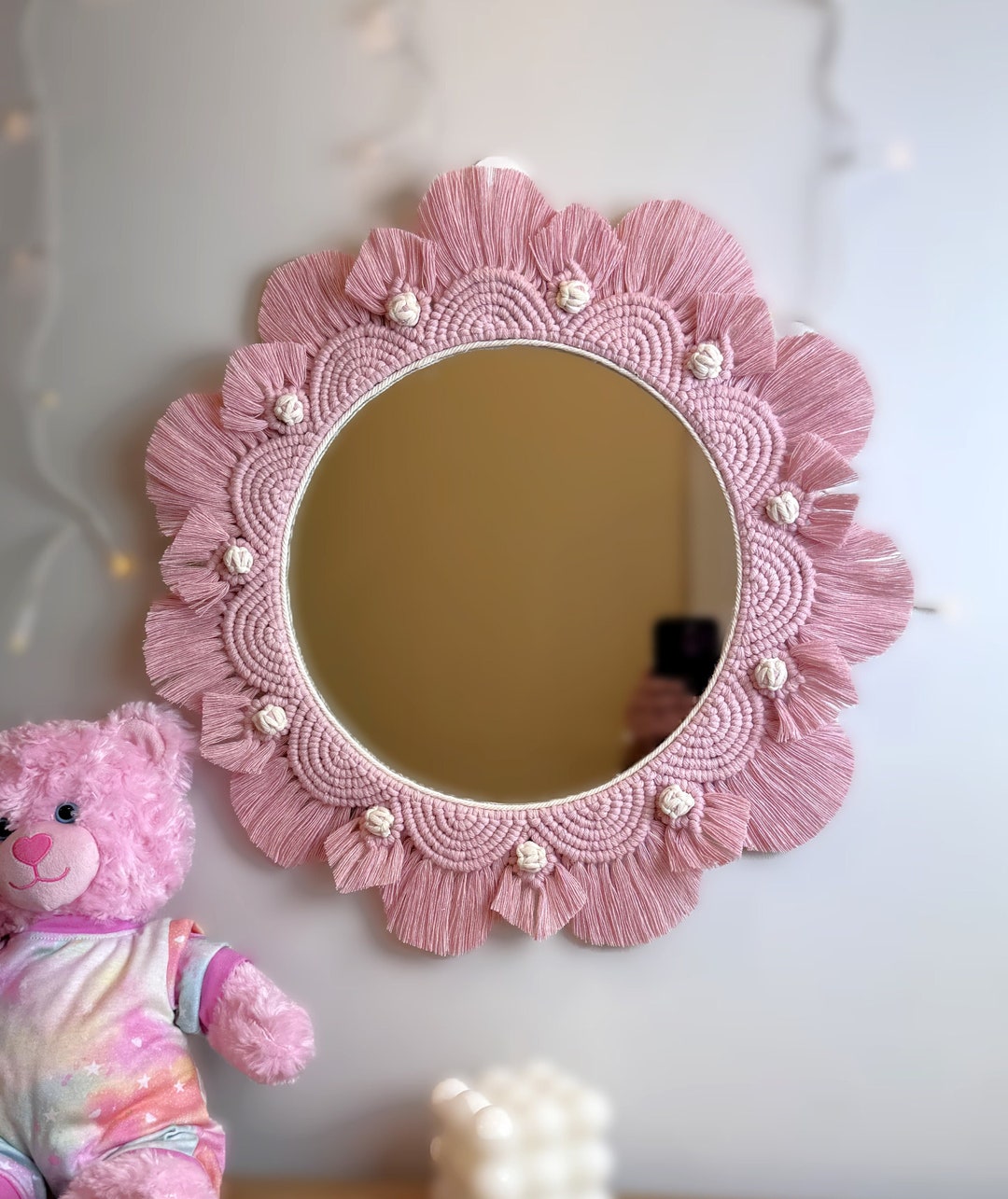 Nursery Wall Decor - Blush Pink Floral Macrame Mirror - Boho Round ...
