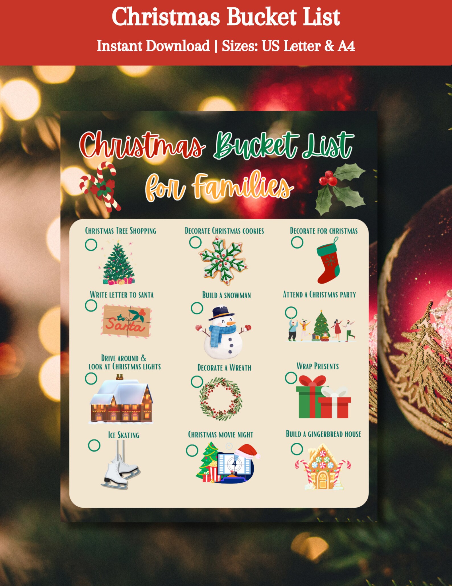 Christmas Bucket List Printable Xmas Family Activity Custom - Etsy