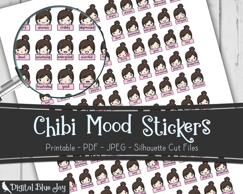 Chibi Girl Mood Tracker Stickers, Printable Planner Stickers, Kawaii ...