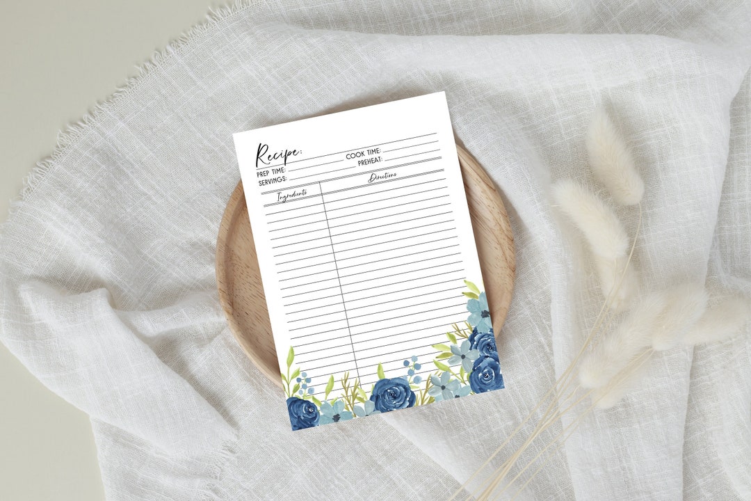 Watercolor Blue Floral Frame Blank Recipe Card Printable | Library Card ...