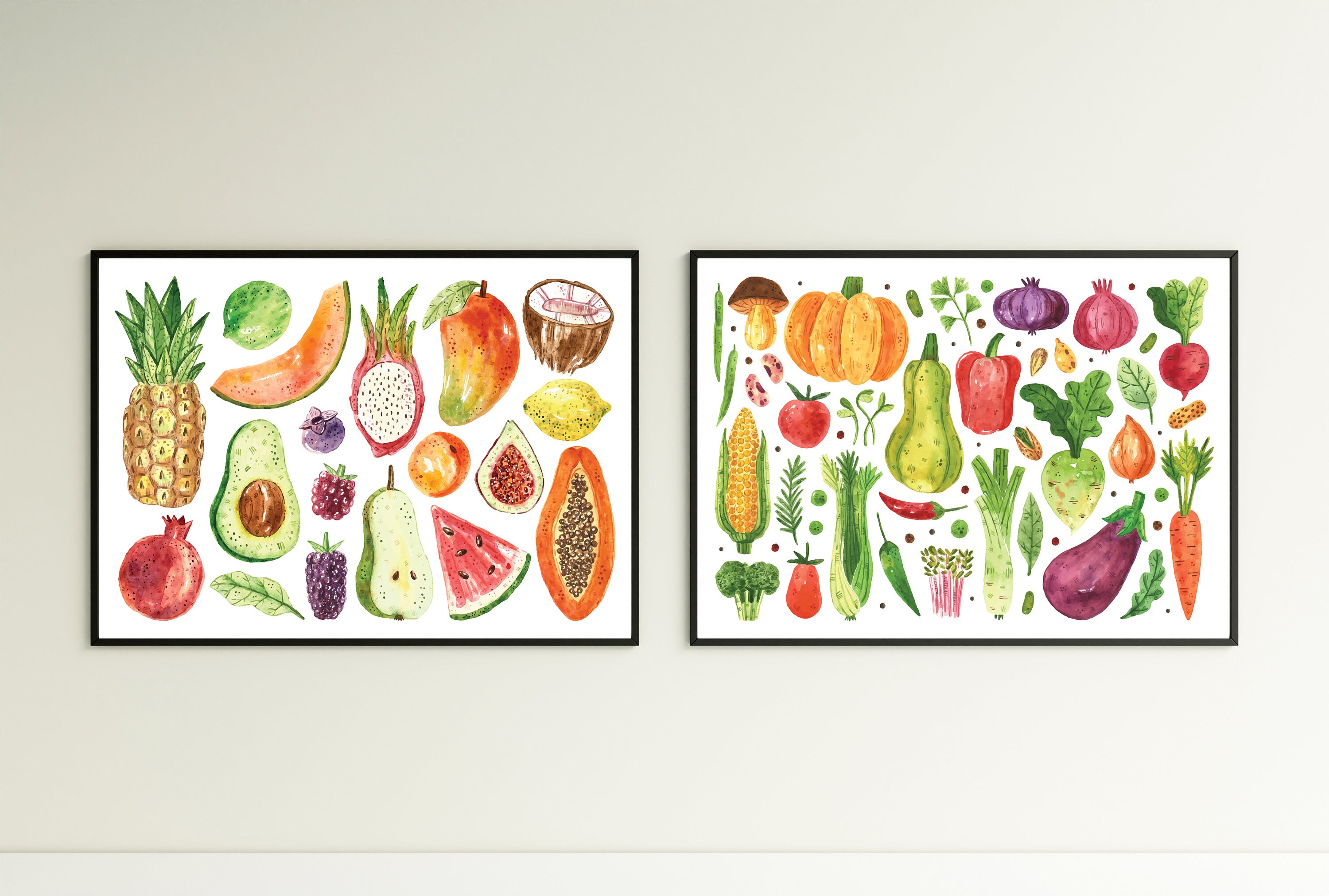 Watercolor Fruits & Veggies Posters | Set of Two | 11"x17" | Horizontal ...