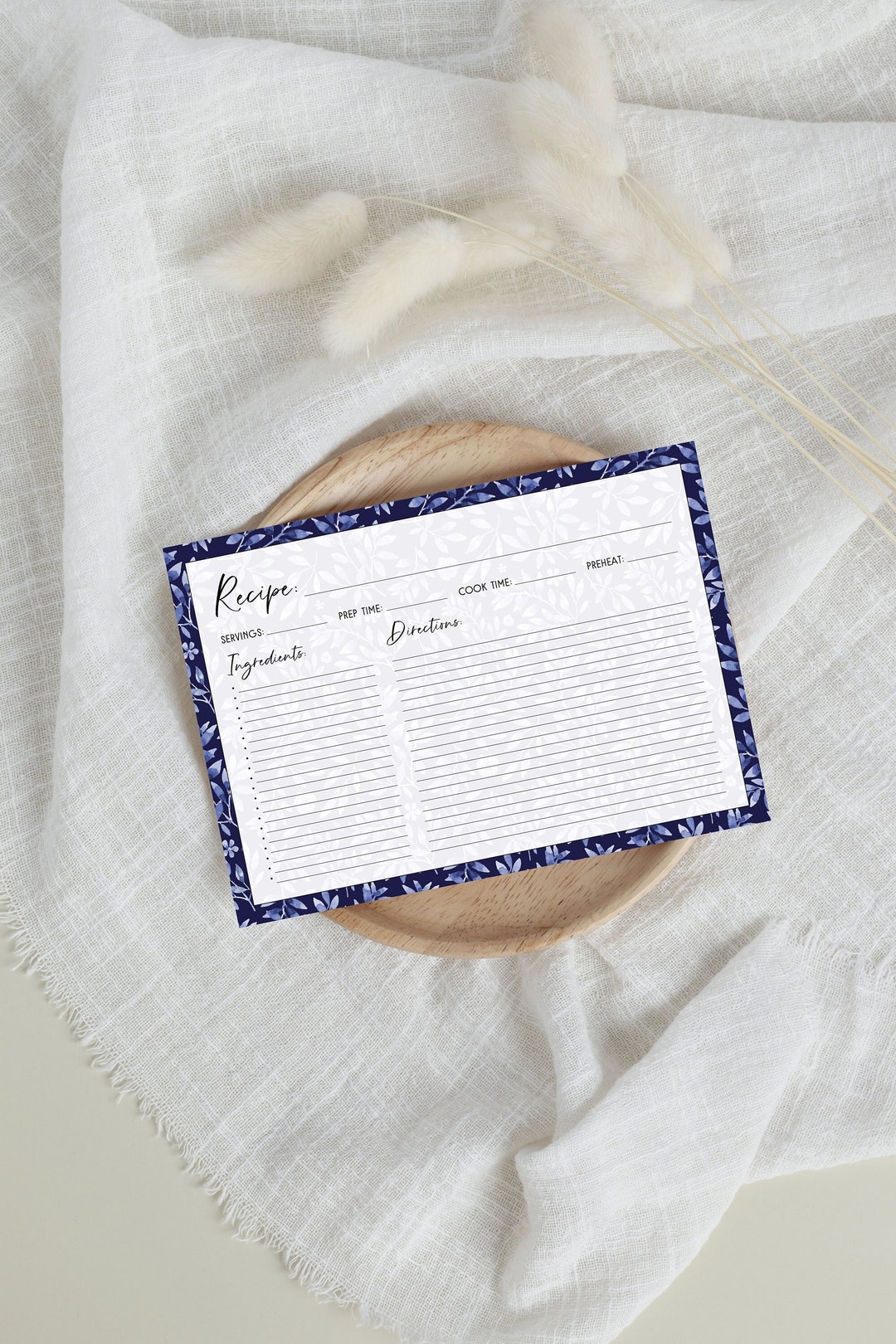 Blue Tone Watercolor Floral Blank Recipe Card Printable | Double Sided ...