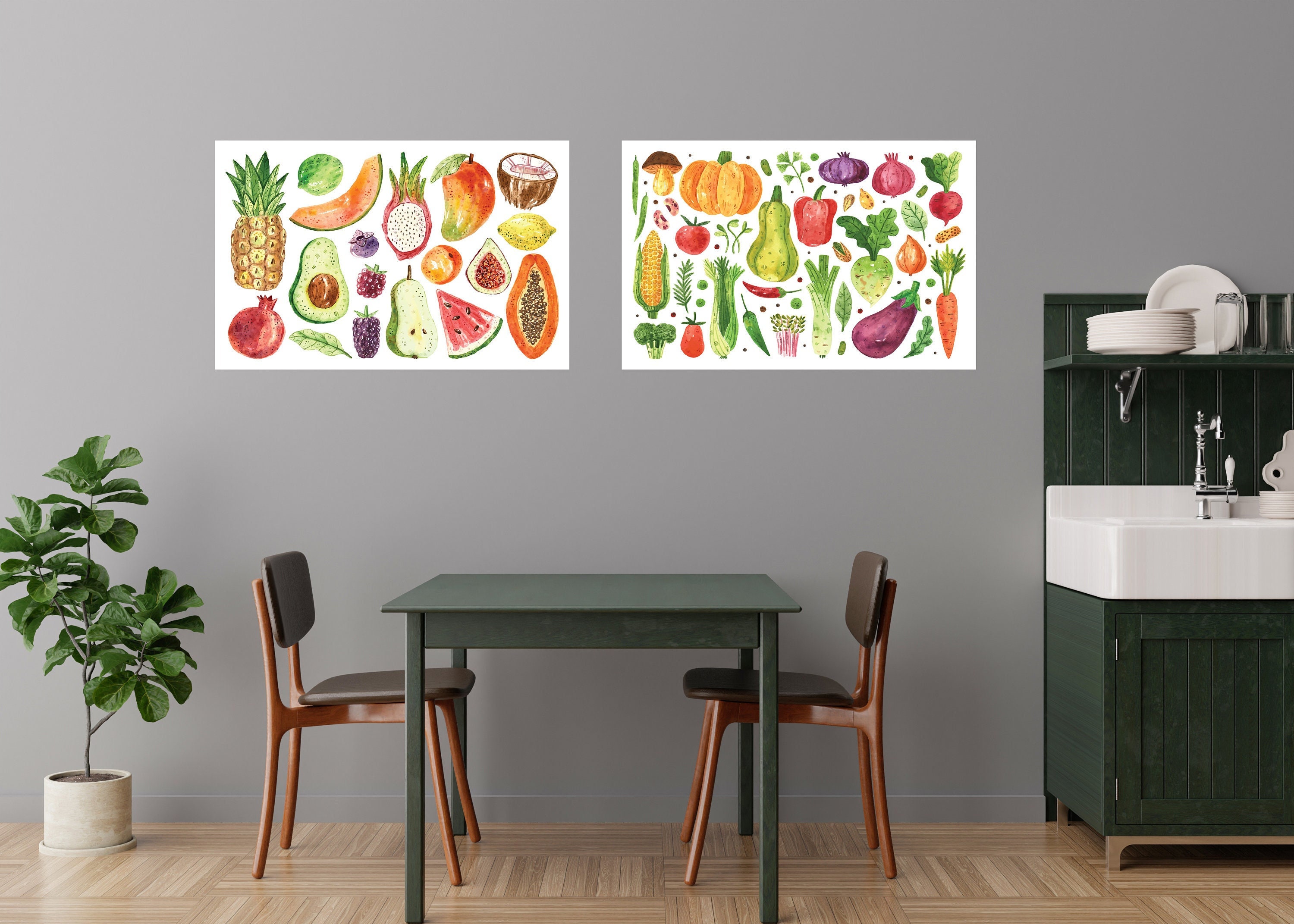 Watercolor Fruits & Veggies Posters | Set of Two | 11"x17" | Horizontal ...