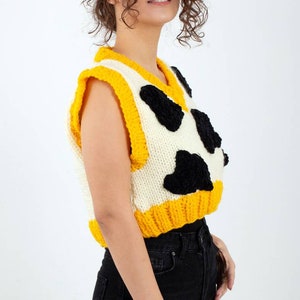 Cow Sweater Vest for Woman, Stylish 3d Cow Patch Knit Crop Sweater Vest ...