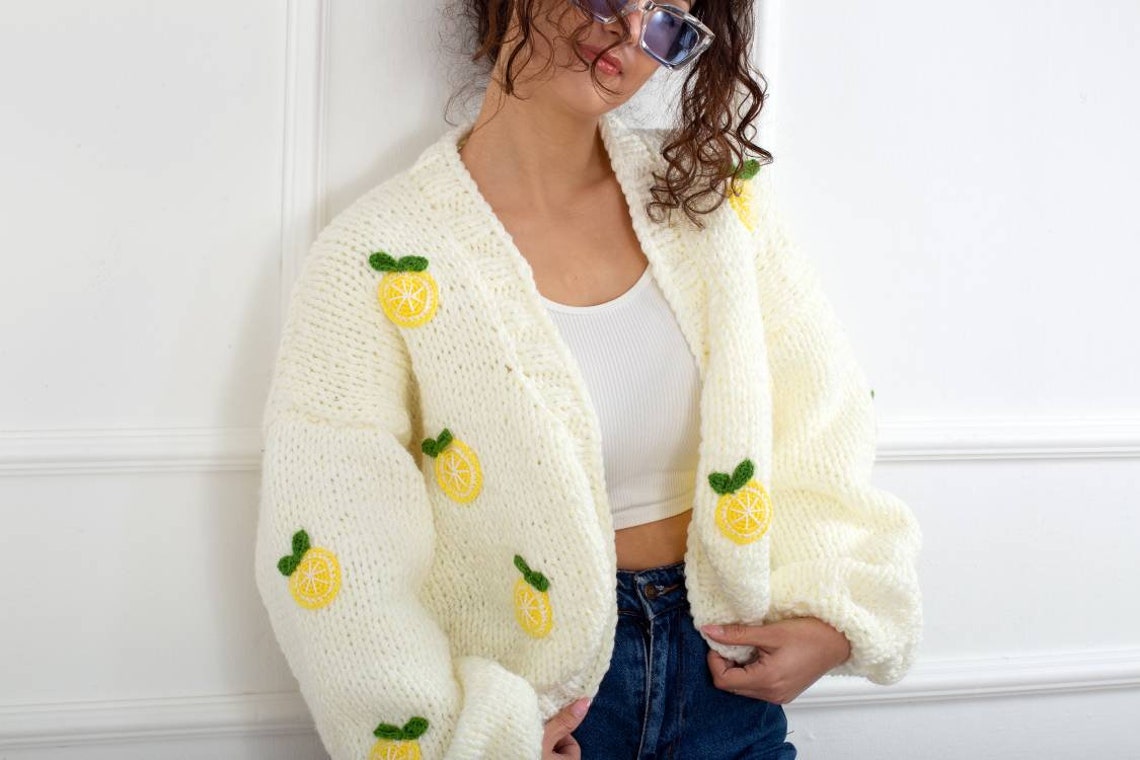 Cotton Knitted Lemon Cardigan New Season Lemon Slices Fruits - Etsy