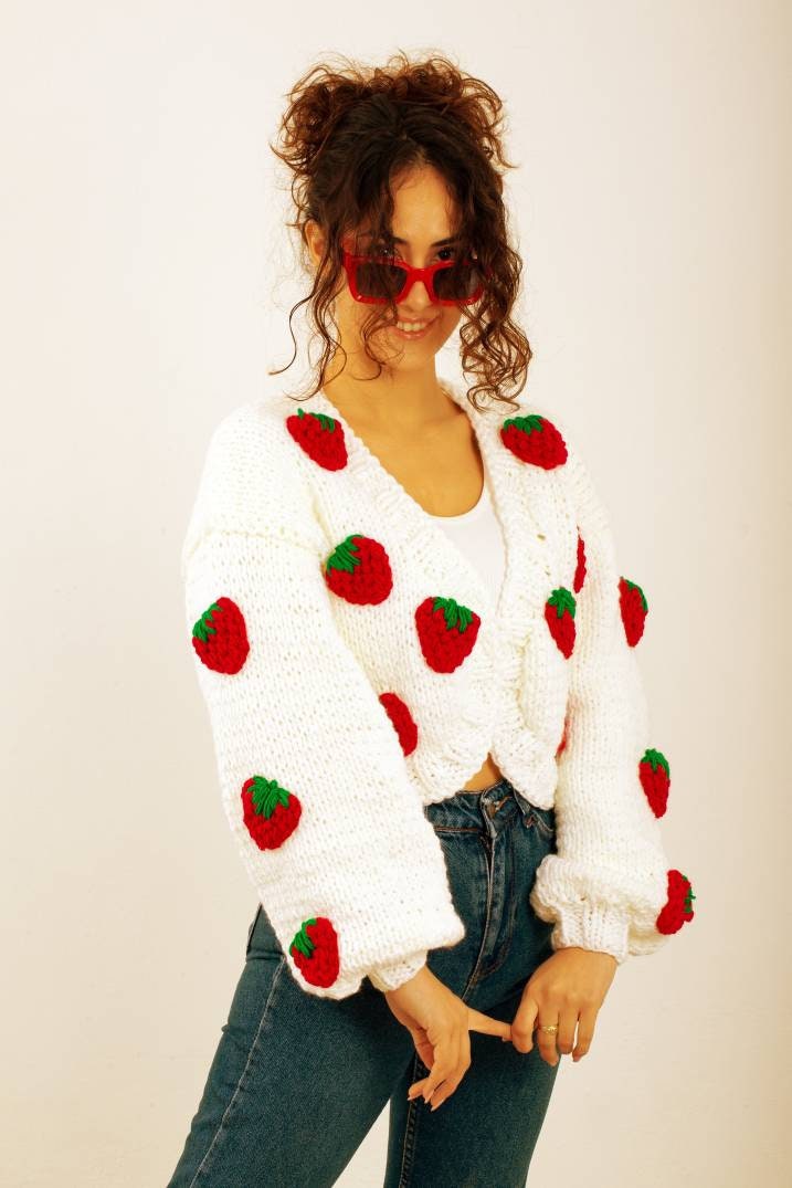 Cotton Chunky Strawberry Cardigan, Woman Trendy Sweater, Embroidery ...