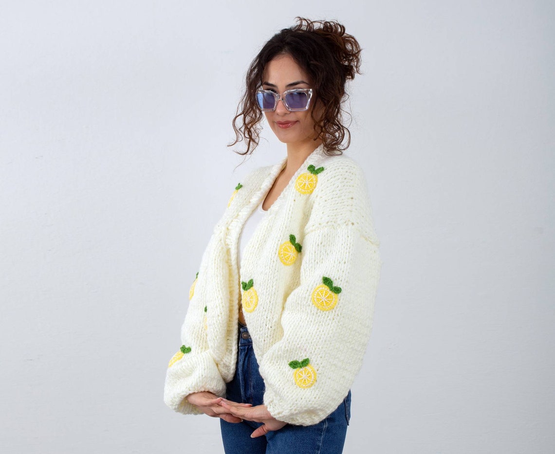 Fresh Lemon Slice Cotton Knitted Sweater, Lemon Embroidered Cardigan ...
