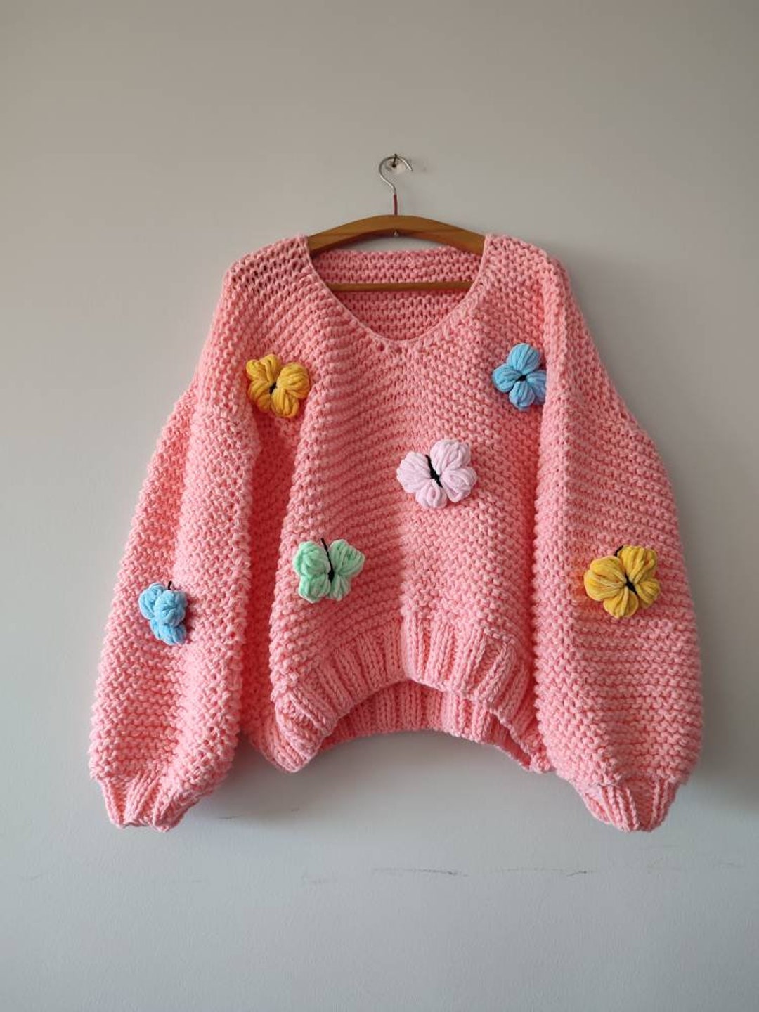 Pullover Sweaters Women, Pink Butterfly Pullover, Chunky Oversize ...