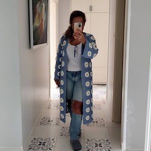 Long Daisy Trendy Cardigan, Cotton Knitted Jacket, Maxi Smiley Face ...