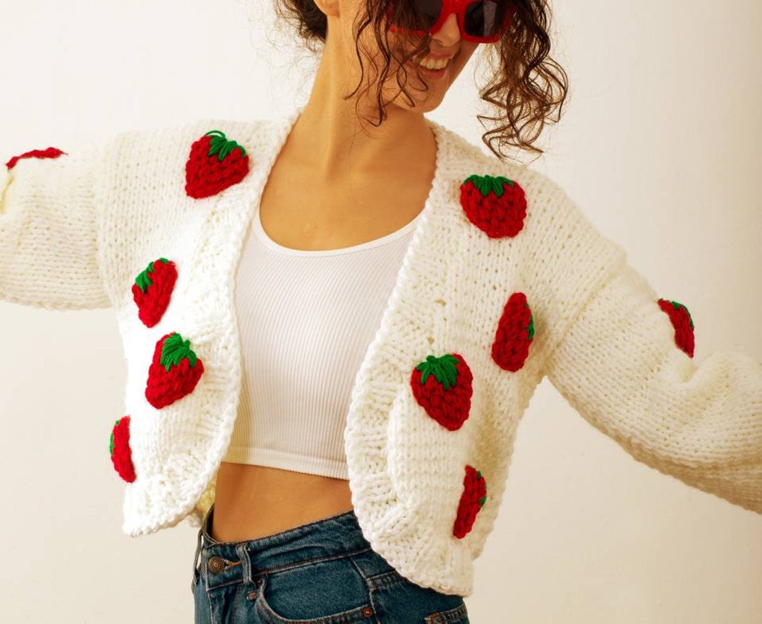 Cotton Chunky Strawberry Cardigan, Woman Trendy Sweater, Embroidery ...