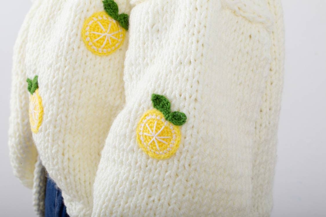 Handmade Cotton Knitted Lemon Sweater, Lemon Slice Embroidered Cardigan ...