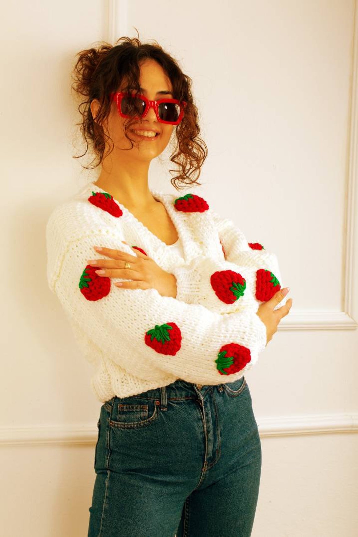 Cotton Chunky Strawberry Cardigan, Woman Trendy Sweater, Embroidery ...