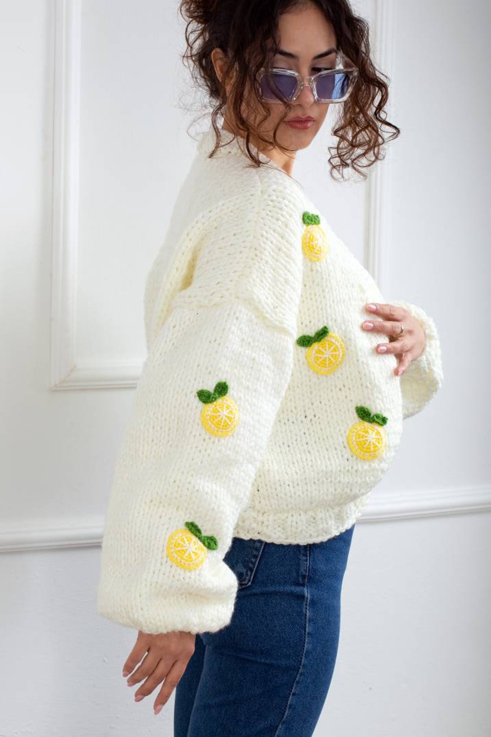 Lemon Slice Embroidery Woman Trendy Cardigan,cotton or Acrylic Oversize ...
