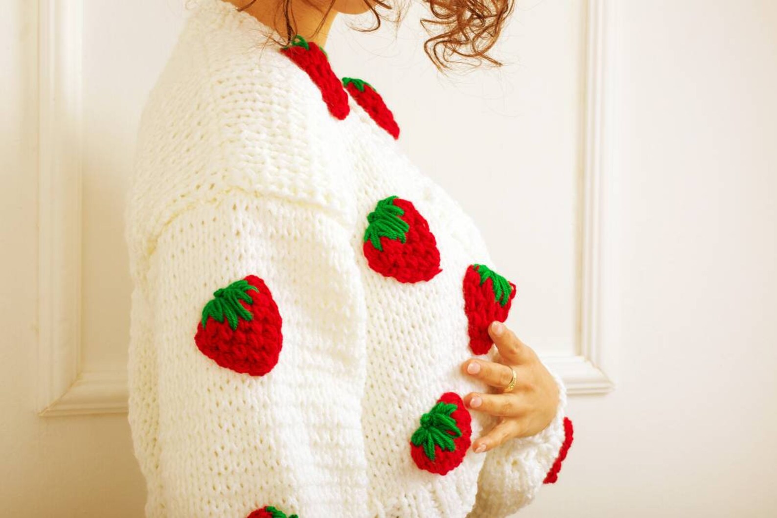 Cotton Chunky Strawberry Cardigan, Woman Trendy Sweater, Embroidery ...