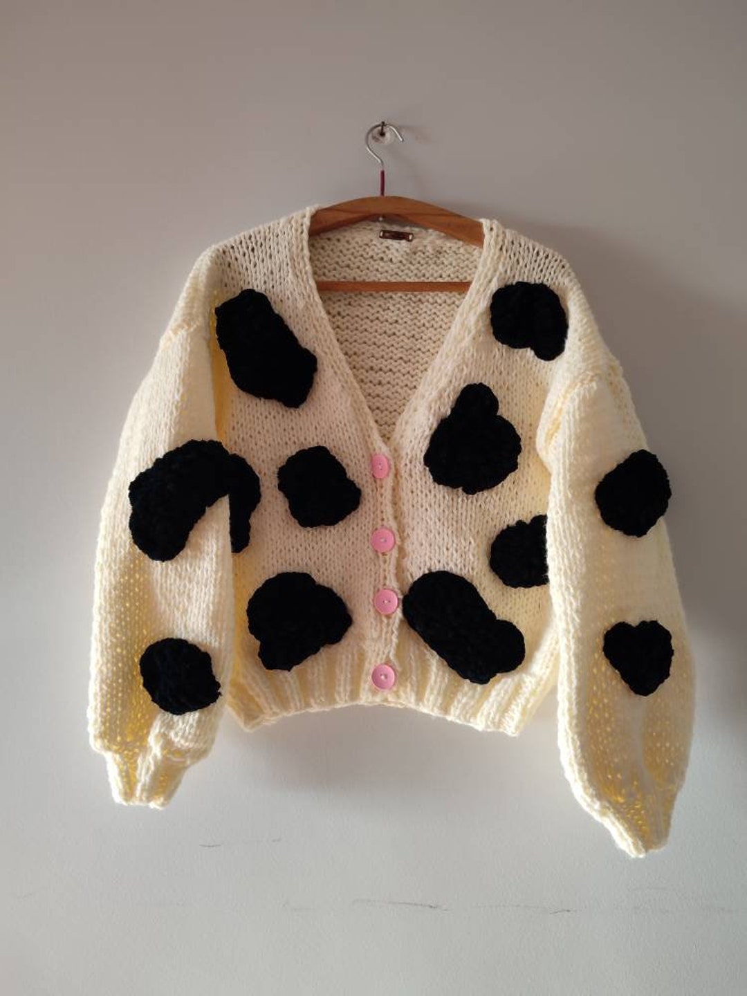 Cow Embroidery Cardigan, Oversized Chunky Sweater, Knitted Pastoral ...