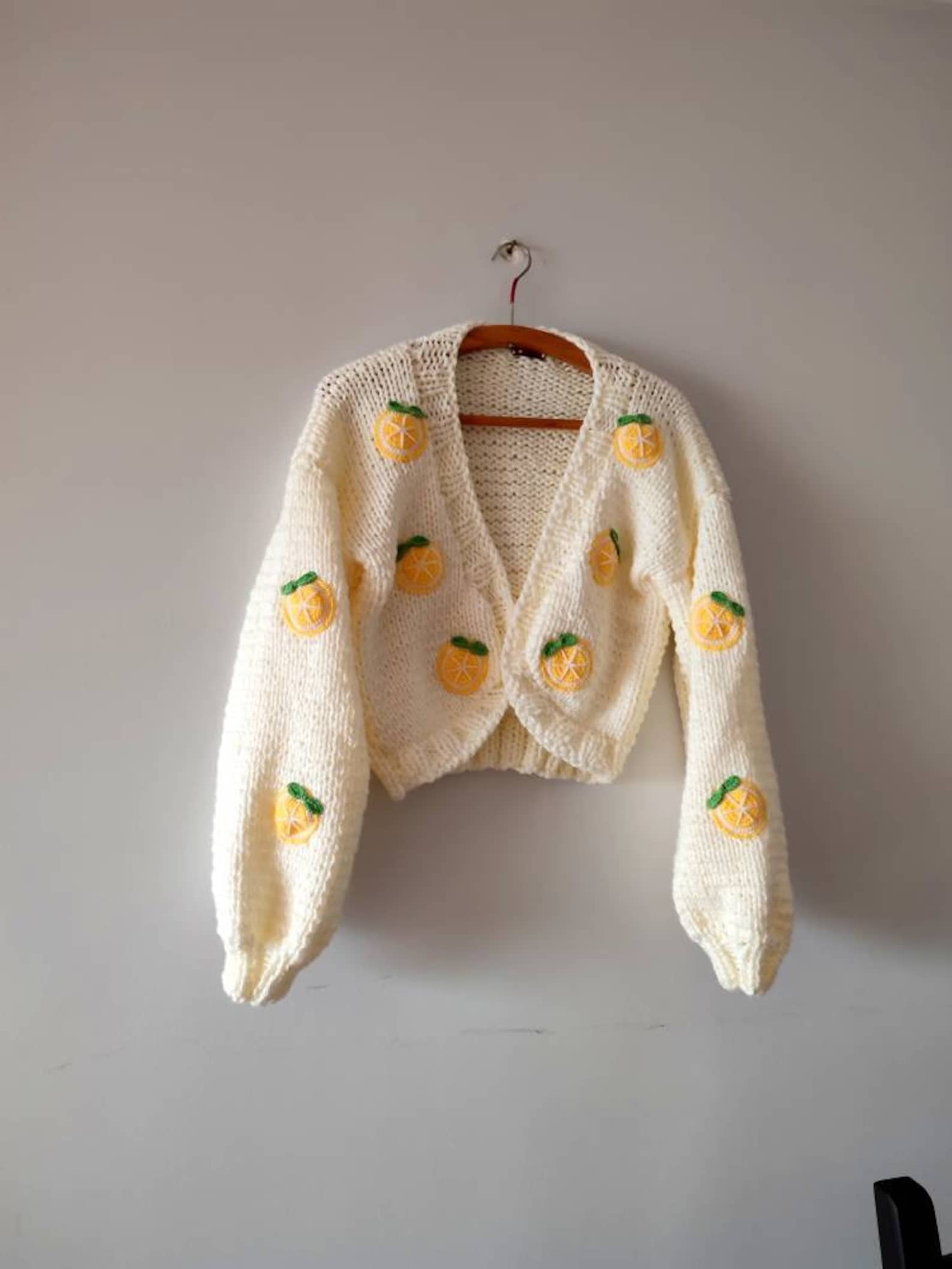 Lemon Slice Embroidery Woman Trendy Cardigan,cotton or Acrylic Oversize ...