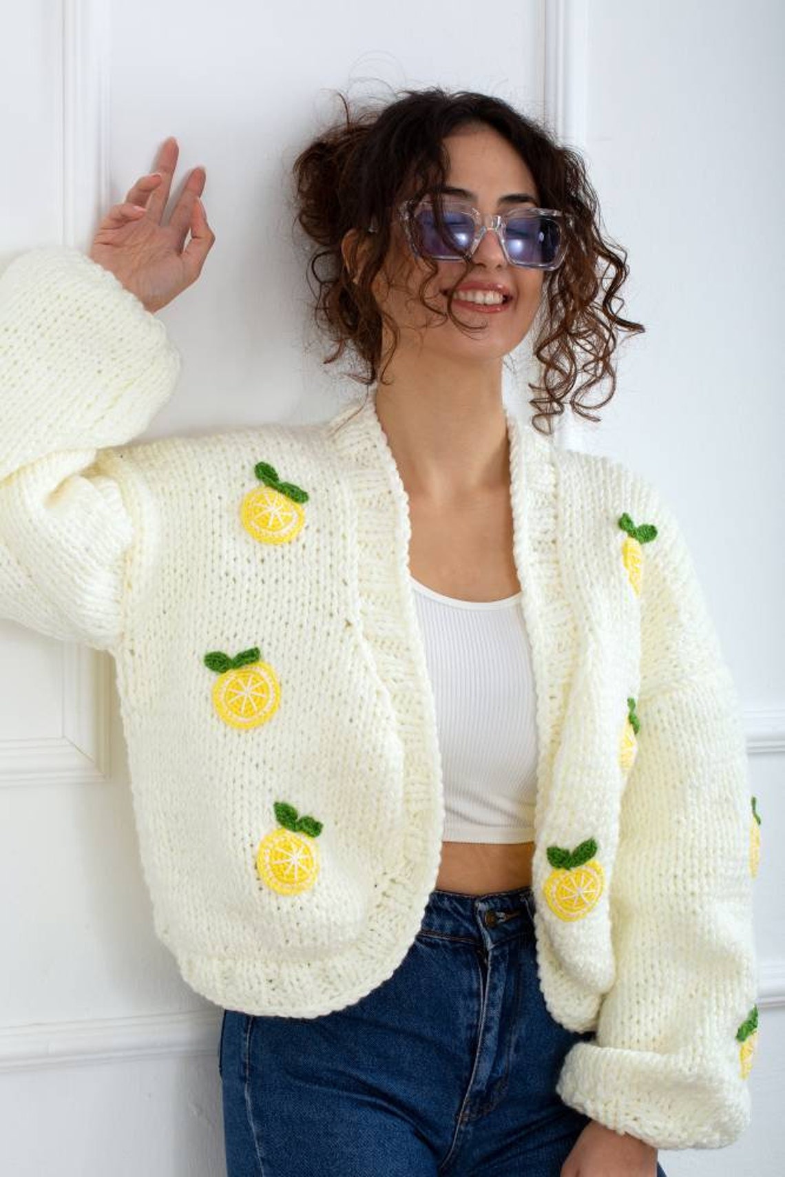 Cotton Knitted Lemon Cardigan New Season Lemon Slices Fruits - Etsy