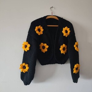 Black Sunflower Cardigan, Custom Order Knitting, Handmade Floral ...