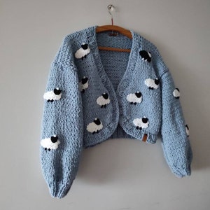 Sheep Blue Cardigan, Trendy Chunky Sweater, Black Sheep on Whites ...