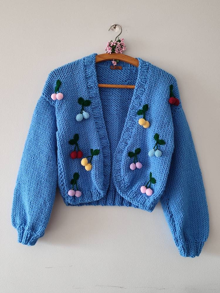 Blue Cherry Chunky Cardigan Woman Clothes Oversize Knit Crop - Etsy