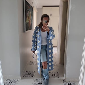 Long Daisy Trendy Cardigan, Cotton Knitted Jacket, Maxi Smiley Face ...