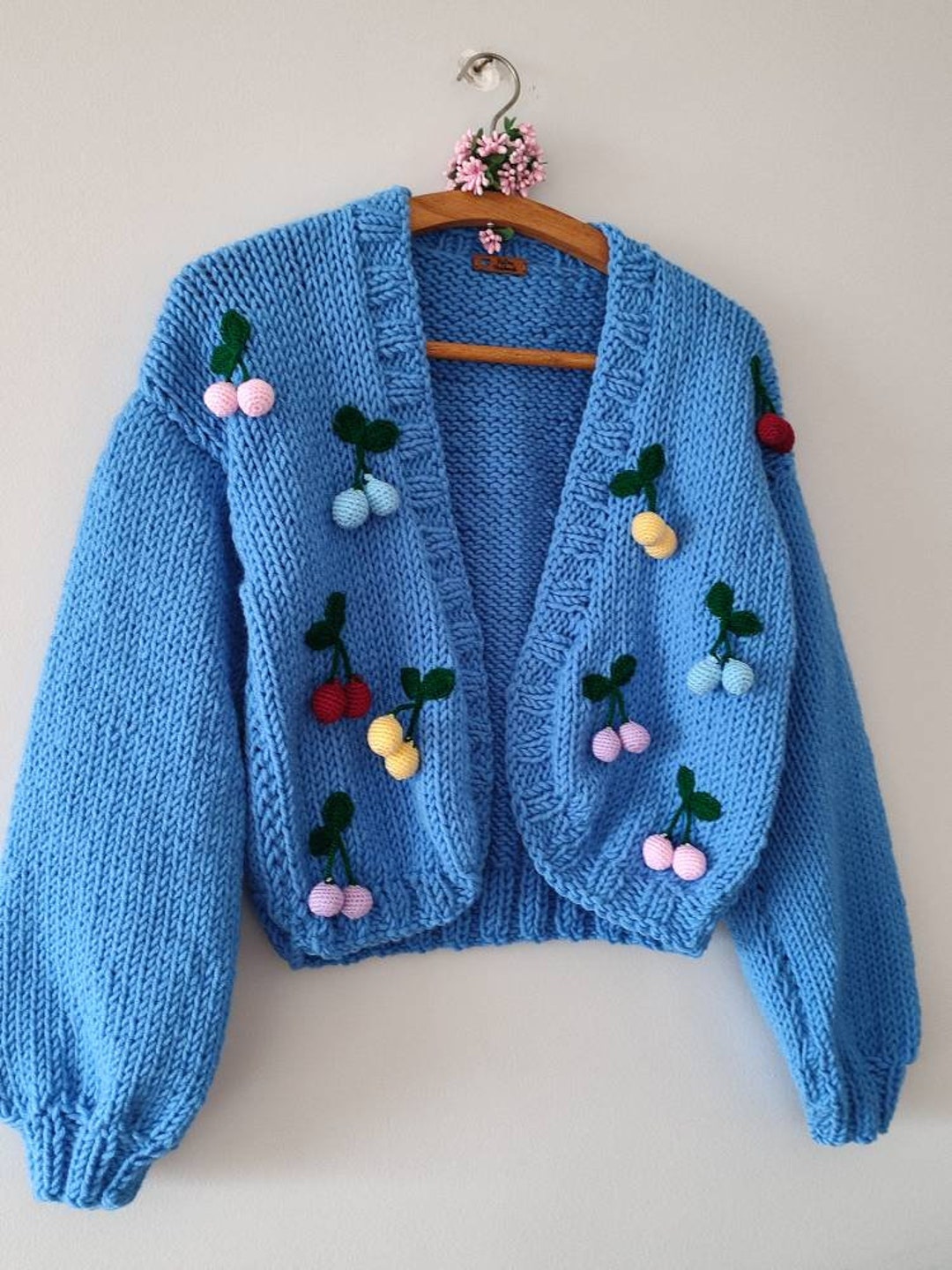 Blue Cherry Chunky Cardigan Woman Clothes Oversize Knit Crop - Etsy