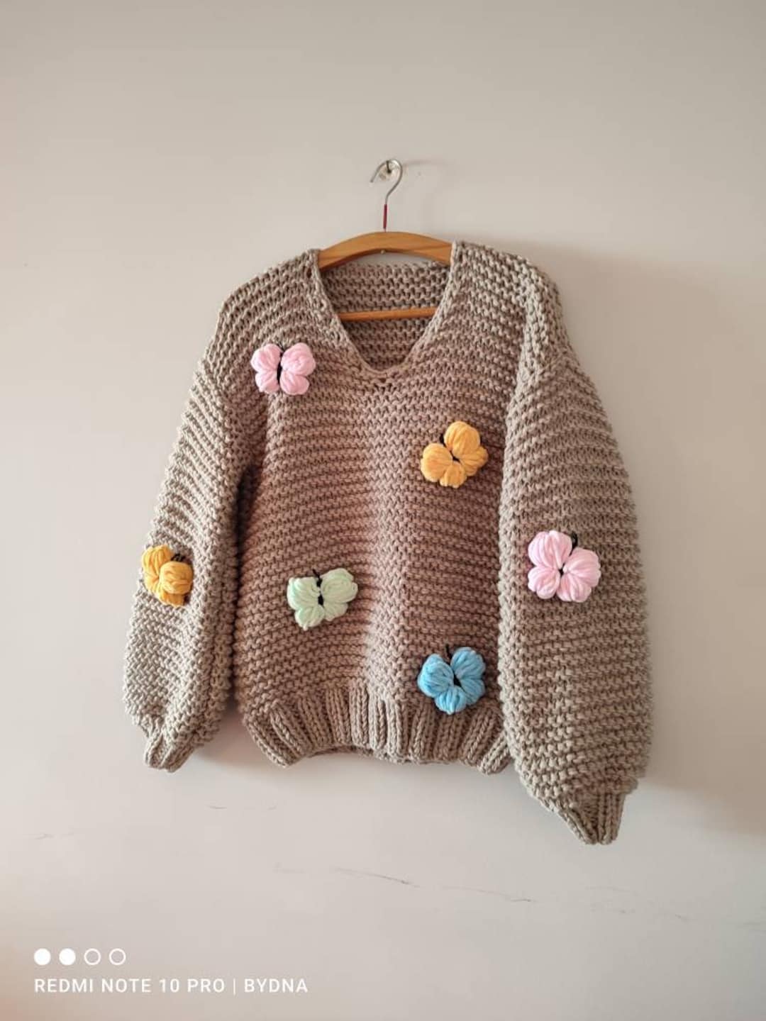 Butterfly Fluffy Sweater Woman, Beige Chunky Pullover, 3D Butterfly ...