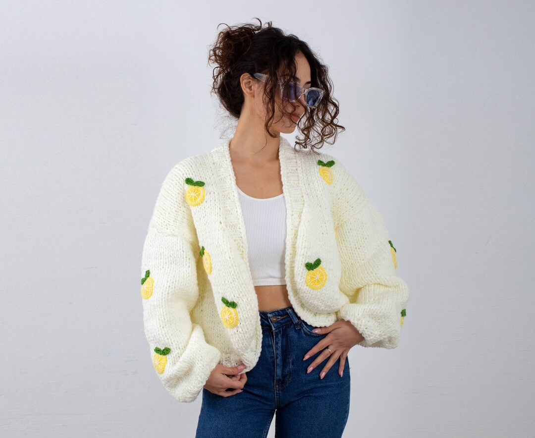 Handmade Cotton Knitted Lemon Sweater, Lemon Slice Embroidered Cardigan ...