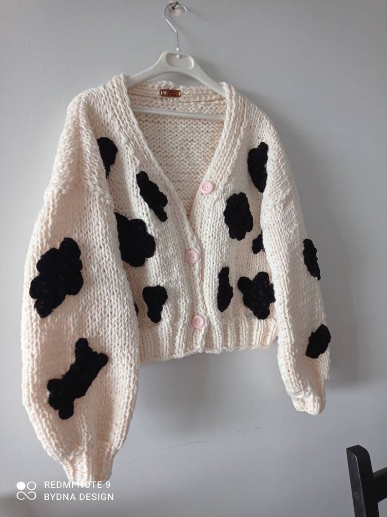 Cow Print Chunky Cardigan, Handmade Woman Gifts, Chunky Patch Sweater ...