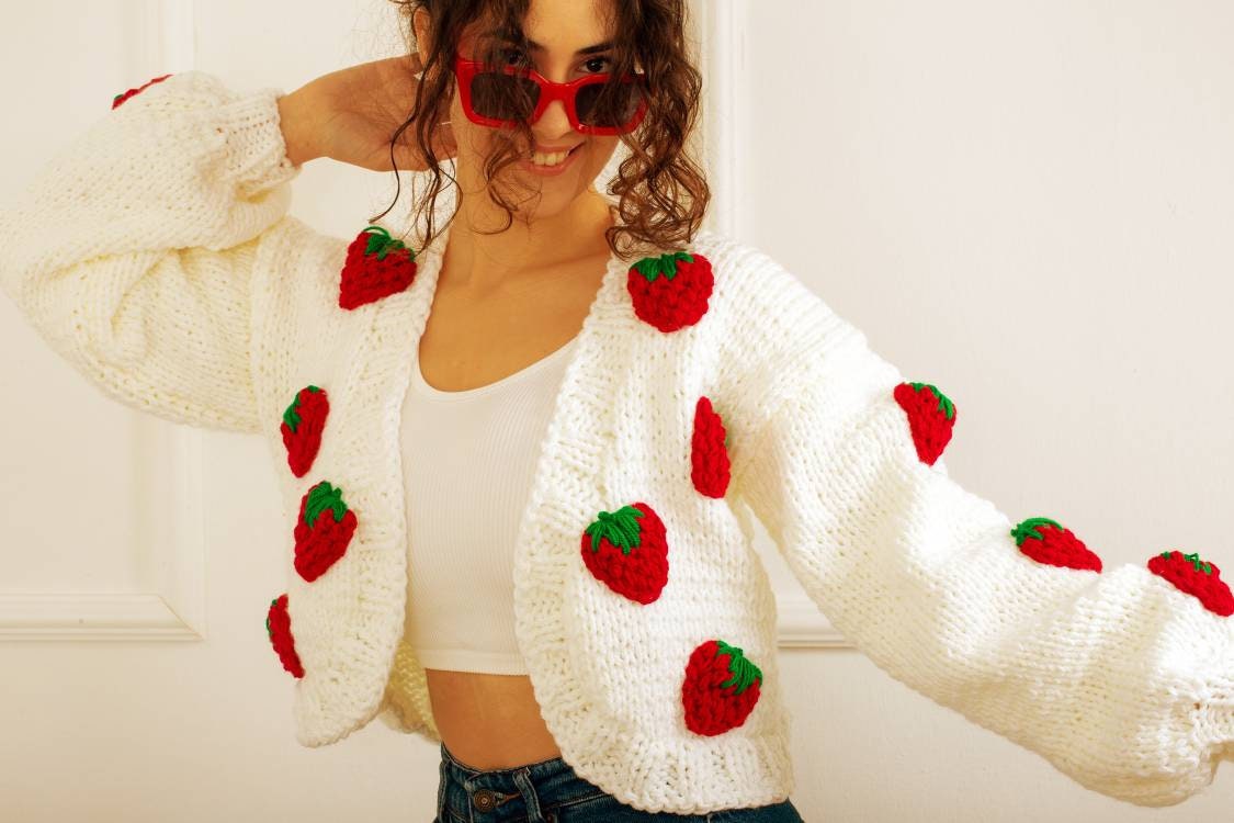 Cotton Chunky Strawberry Cardigan, Woman Trendy Sweater, Embroidery ...