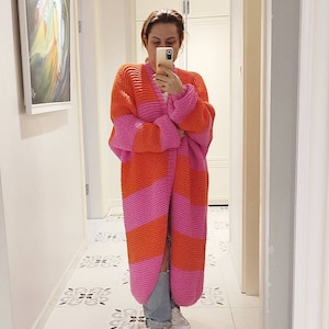 Striped Boho Woman Maxi Cardigan, Handmade Mohair Luxury Coat, Pink ...