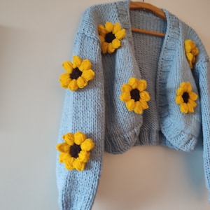 Blue Sunflower Cardigan, Trendy Women Clothes, Floral Crop Sweater ...