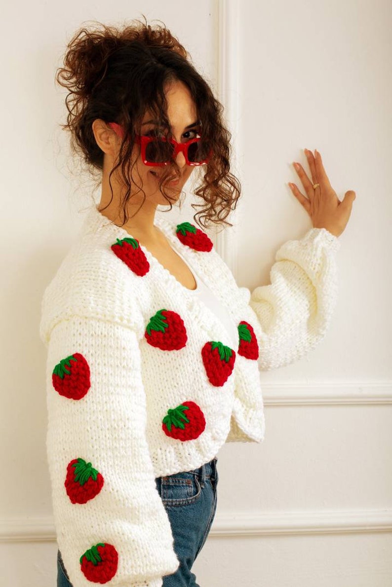 Cotton Chunky Strawberry Cardigan, Woman Trendy Sweater, Embroidery ...