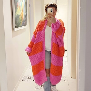 Striped Boho Woman Maxi Cardigan, Handmade Mohair Luxury Coat, Pink ...