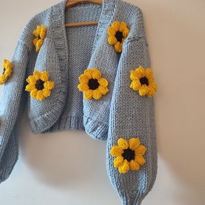 Blue Sunflower Cardigan, Trendy Women Clothes, Floral Crop Sweater ...