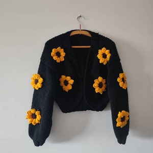 Black Sunflower Cardigan, Custom Order Knitting, Handmade Floral ...