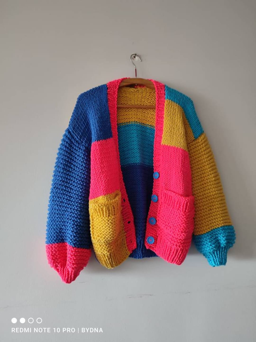 Neon Colorblock Chunky Knit Cardigan, Oversized Cozy Sweater, Handmade ...