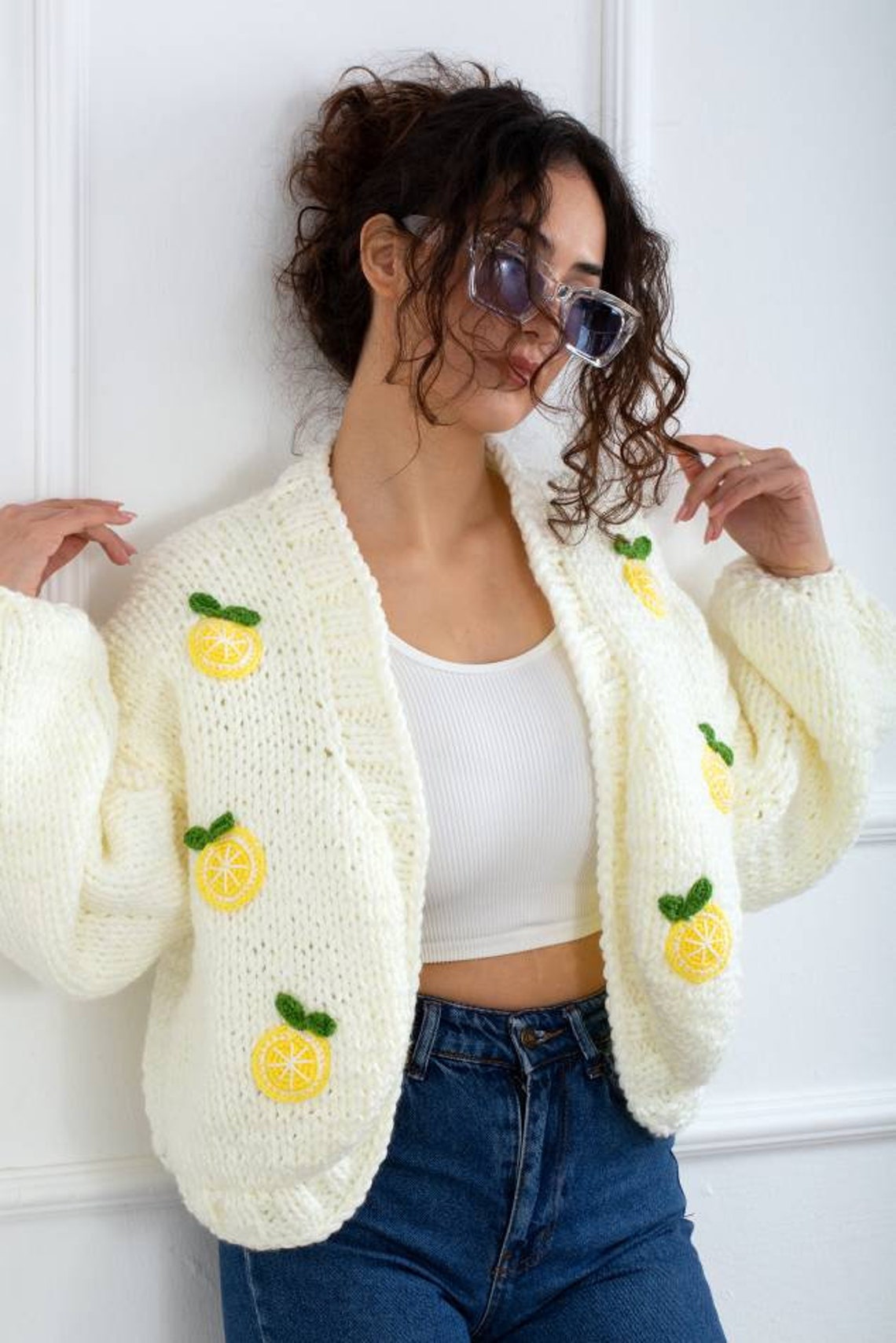 Fresh Lemon Slice Cotton Knitted Sweater, Lemon Embroidered Cardigan ...