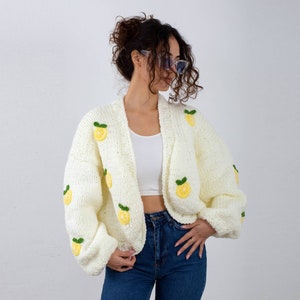 Lemon Embroidery Sweater, Woman Trendy Cardigan, Slice Oversized Crop ...