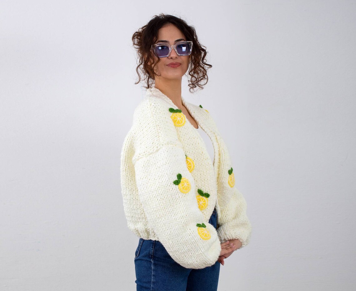 Fresh Lemon Slice Cotton Knitted Sweater, Lemon Embroidered Cardigan ...