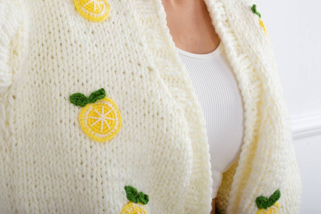 Handmade Cotton Knitted Lemon Sweater, Lemon Slice Embroidered Cardigan ...