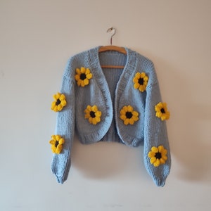Blue Sunflower Cardigan, Trendy Women Clothes, Floral Crop Sweater ...