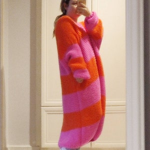 Striped Boho Woman Maxi Cardigan, Handmade Mohair Luxury Coat, Pink ...