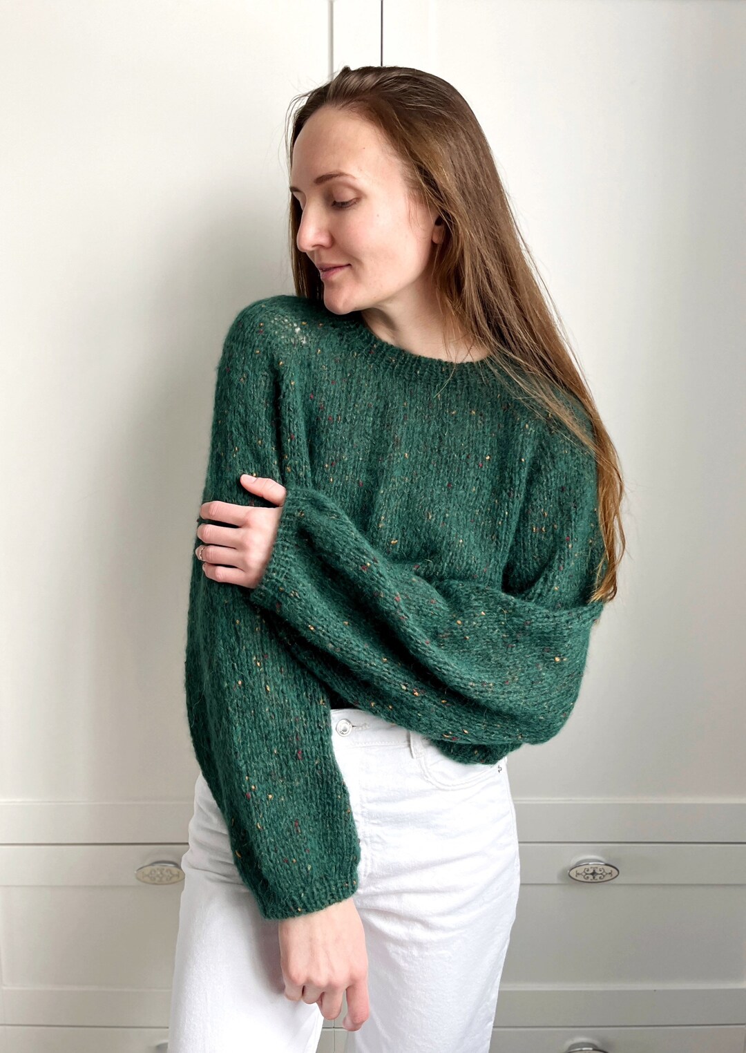 Emerald Green Mohair Crop Sweater Hand Knitted Sweater Alpaca Tweed ...