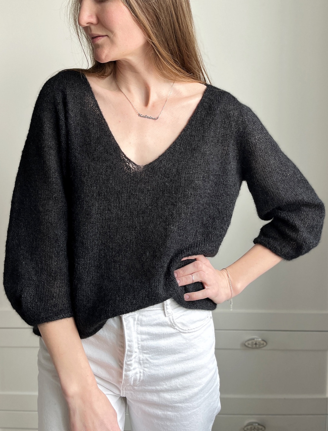 Black Mohair Silk Mesh Knit Sweater. Alpaca Warm Light Sheer Sweater ...