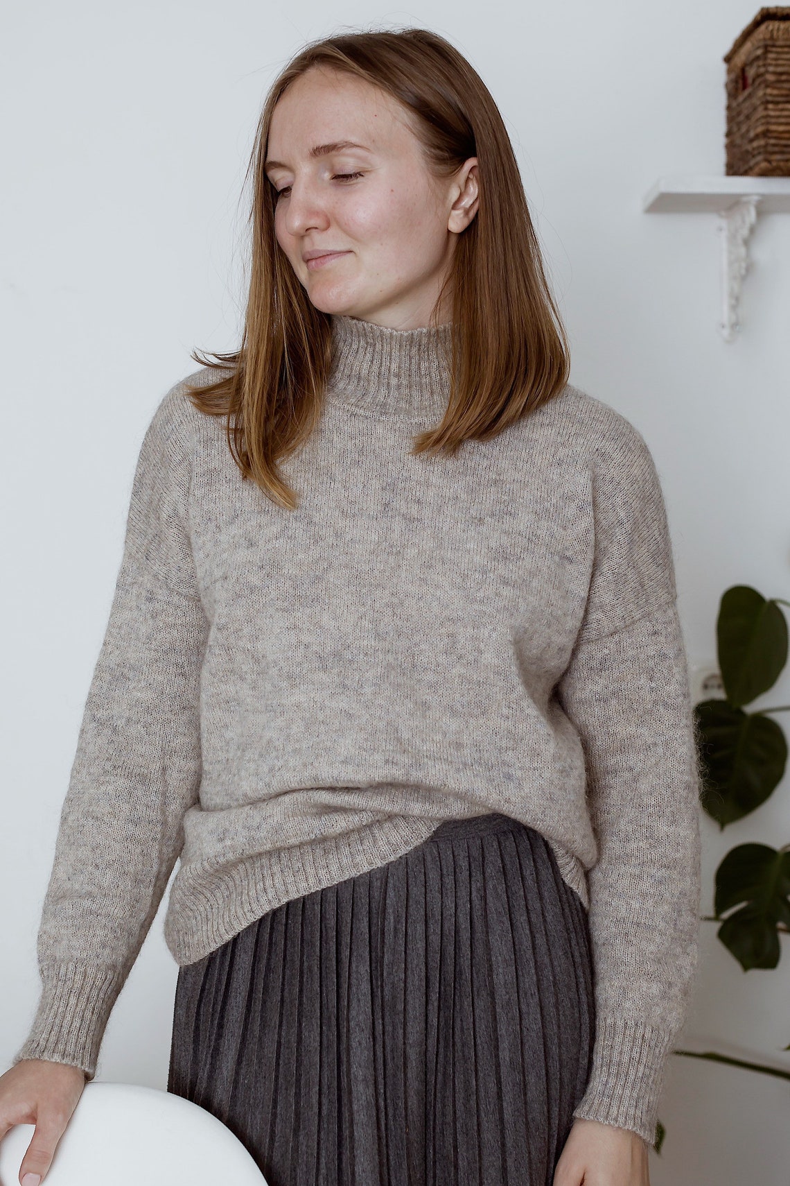 Beige Knitted Turtleneck Wool Sweater. Handmade Knit Jumper - Etsy